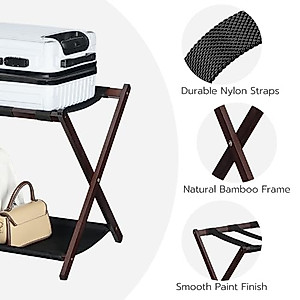 HOOBRO Luggage Rack, Folding Bamboo Suitcase Stand with Storage Shelf and Nylon Straps, 26.8" L x 17.7" W x 20" H, for Guest Room, Hotel, Bedroom, Holds up to 110 lb, Brown and Black BR07XL01