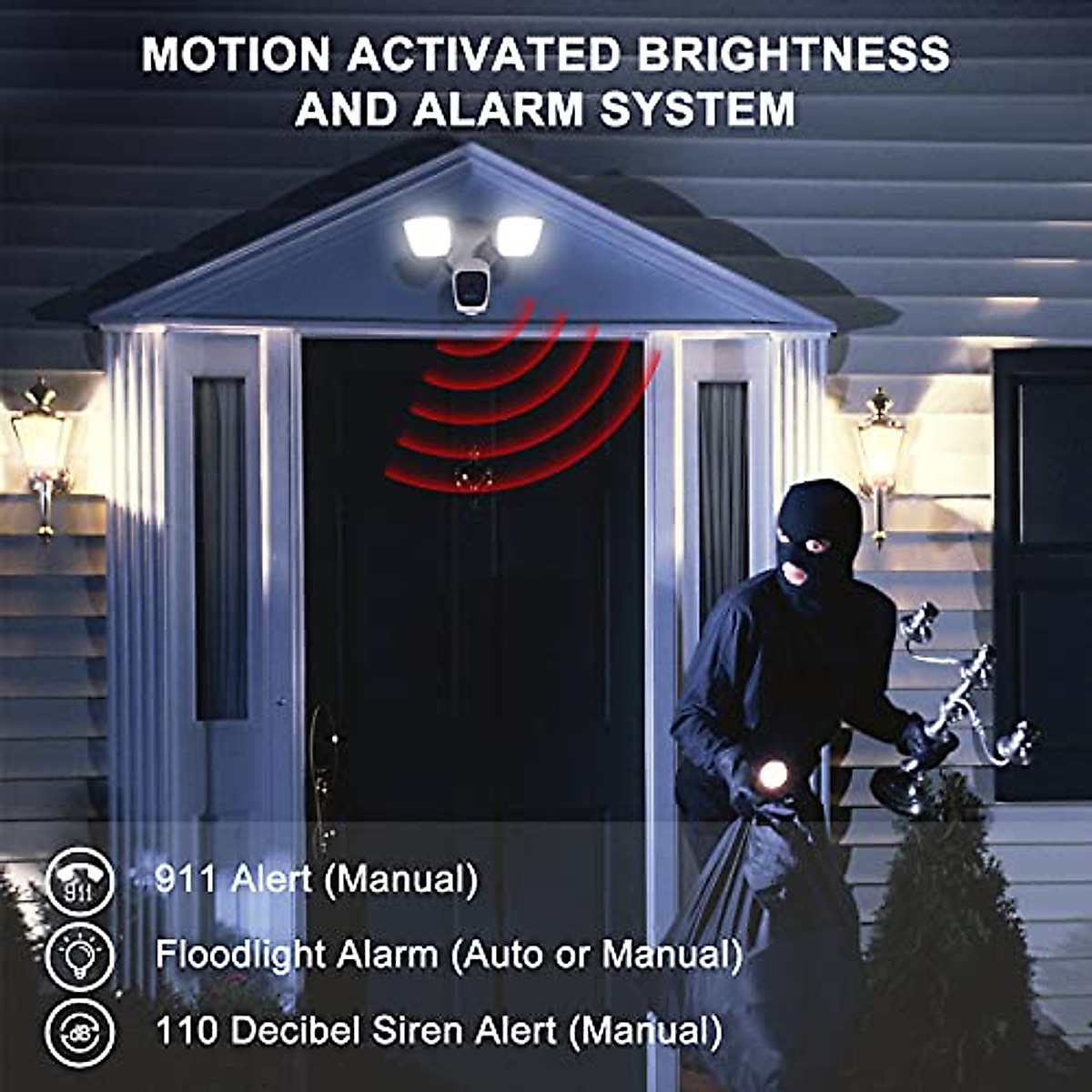 IBRIGHT Smart Floodlight Camera, 2.4Ghz 1080P Security Camera Outdoor, 2600LM, Motion Detection, 2-Way Audio, Siren System, Night Vision, IP65, Works with Alexa & Google Assistant, No Monthly Fees