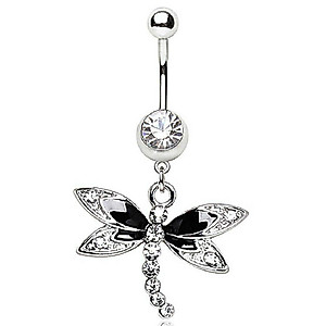 Body Accentz 316L Steel Black Multi Glass/Gem Dragonfly Dangle Navel Ring - 14GA