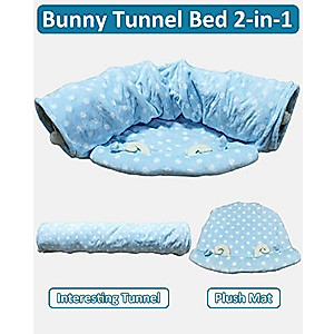 BNOSDM 2-in-1 Rabbit Tunnel Bed for Bunnies Tube Collapsible Removeable Mat Rabbits Tunnels Tubes Toys Small Animal Hideout for Pet Kittens Chinchilla Ferrets Guinea Pigs Hamster Blue