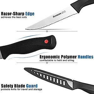 Astercook Steak Knife, Steak Knives Set of 6 with Sheath, Dishwasher Safe High Carbon Stainless Steel Steak Knife with Cover, Black