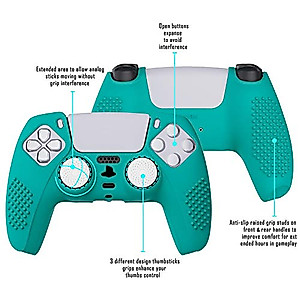 PlayVital Aqua Green 3D Studded Edition Anti-Slip Silicone Cover Skin for ps5 Controller, Soft Rubber Case for ps5 Wireless Controller with 6 White Thumb Grip Caps