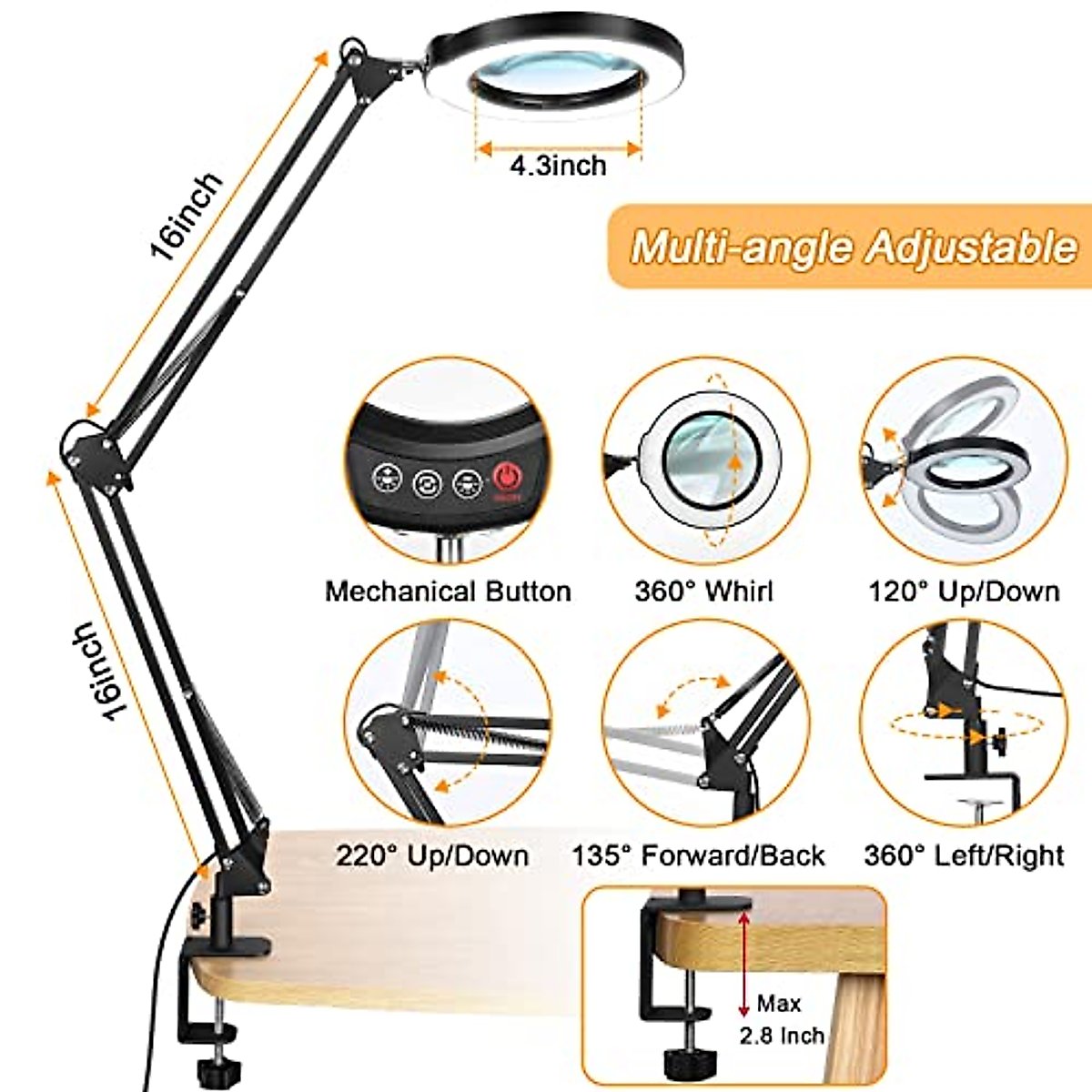 5X Large Magnifying Glass with Light and Stand, KRSTLV 2 x 16 Inch Swivel Arm LED Desk Lamp with Clamp, 5 Color Modes Stepless Dimmable Lighted Magnifier Hands Free for Close Work, Craft, Hobby, Black