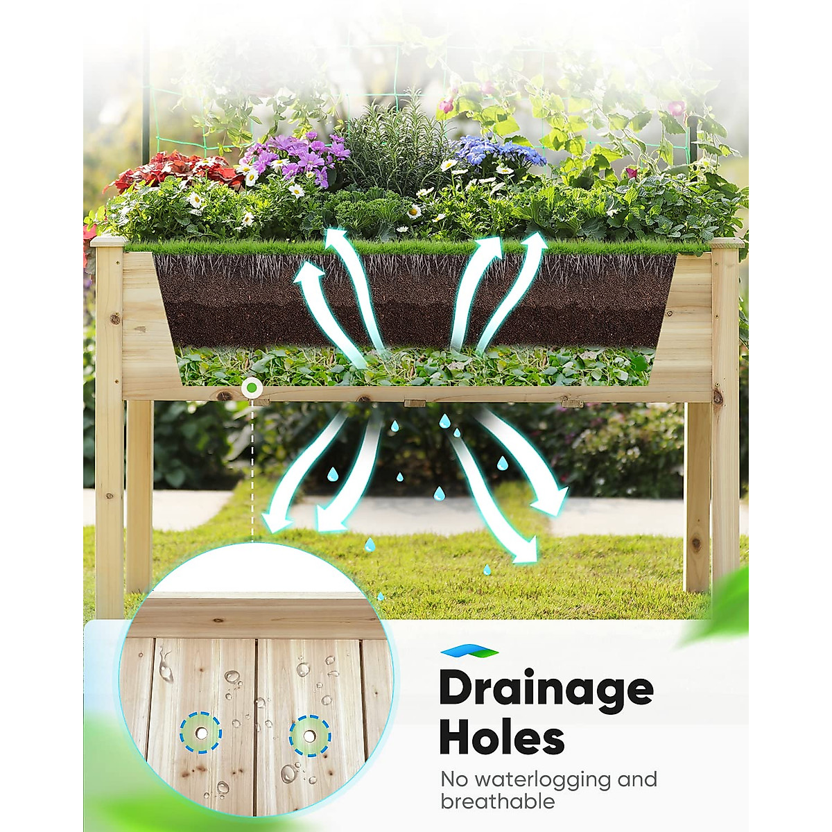 Quictent 48x24x30in Raised Garden Bed with Trellis, Elevated Wood Planter Box Stand for Backyard, Patio, Balcony w/Bed Liner, 200lb Capacity