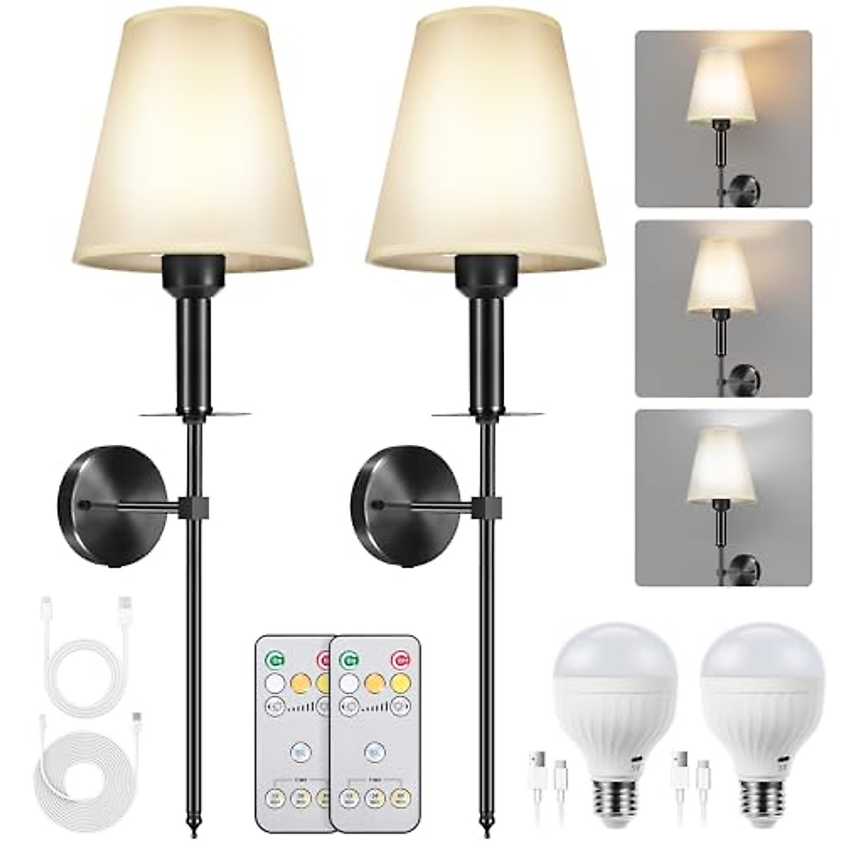 LAMPYLIFE Battery Operated Wall Sconce Set of 2 Two, Wireless Wall Sconces with Remote and Dimmable Detachable Bulbs, Rechargeable Battery Sconces Wall Decor for Bedroom Living Room Hallway (Black)