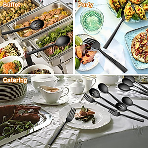 E-far Matte Black Serving Utensils Set of 6, Stainless Steel 8.7 Inch Hostess Serving Set with Square Edge, Metal Serving Slotted Spoons Forks for Party Buffet Catering