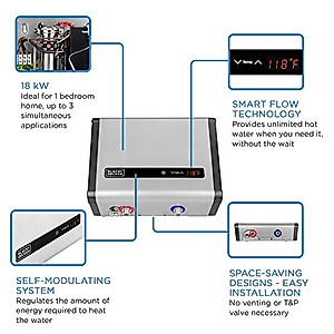 BLACK+DECKER Tankless Electric Water Heater 18kW 240 Volt 3.7GPM, Self-Modulating Multi-Application Unit for Small Homes or Apartments, Hot Water on Demand, Digital Temperature Display