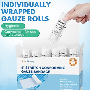 LotFancy Gauze Bandage Roll, 48-Count Gauze Wrap, 4" x 4 Yards Stretched, Conforming Gauze Rolls, Medical Wound Care Supplies for First Aid
