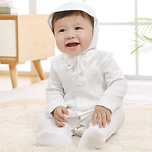 Booulfi Baby Boy Baptism Outfit Boys Christening Outfits Baby Boy Clothes 3-6 Months Newborn Boy Outfits Long Sleeves Baby Romper Hat BowTie 3 Pcs Baby Boy Clothing Set