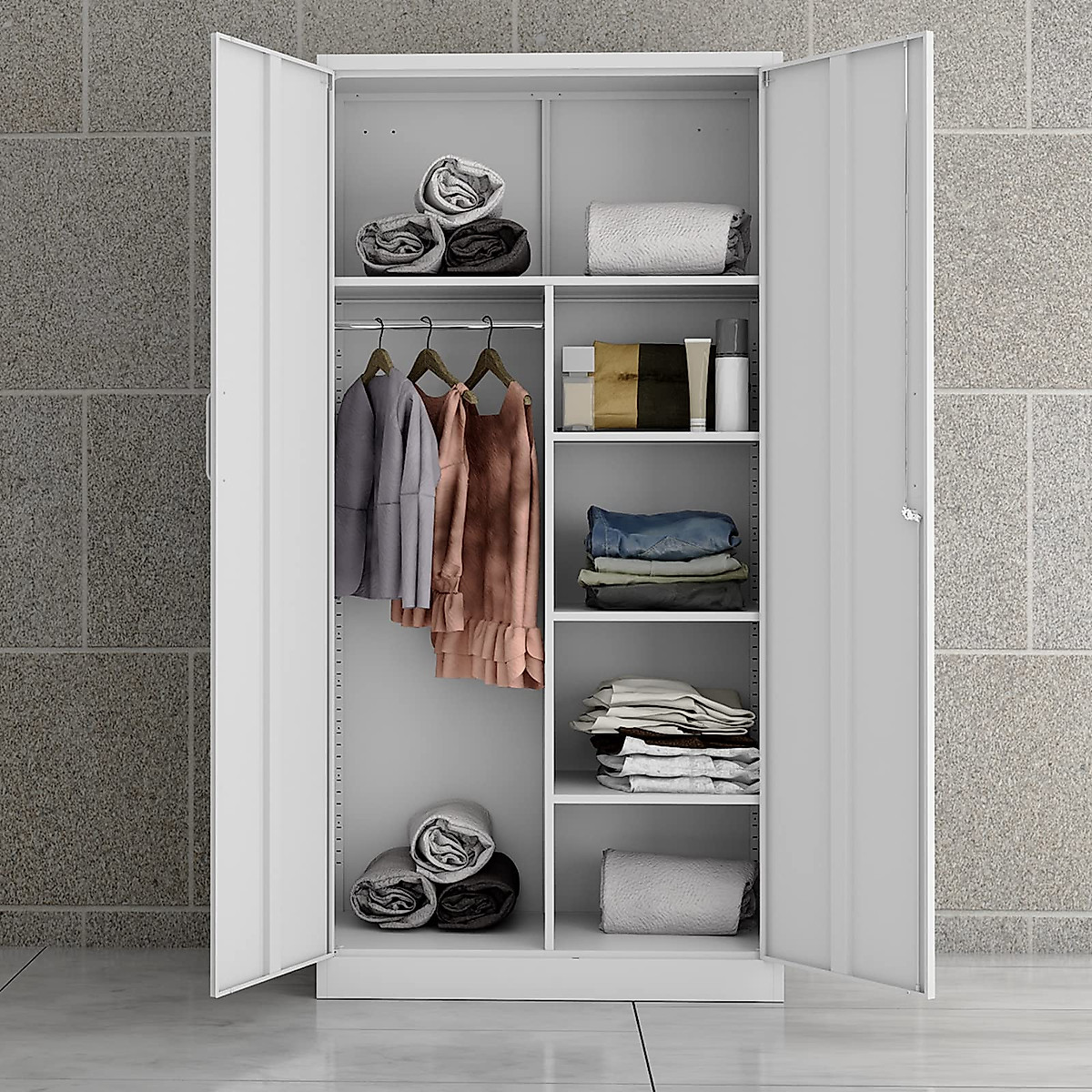 MIIIKO Steel Wardrobe Cabinet with 2 Doors, White Metal Locker Cabinet for Storage with Hanging Rod and 4 Shelves, Lockable Metal Closet Cabinet for Bedroom, Cloakroom and Home Office