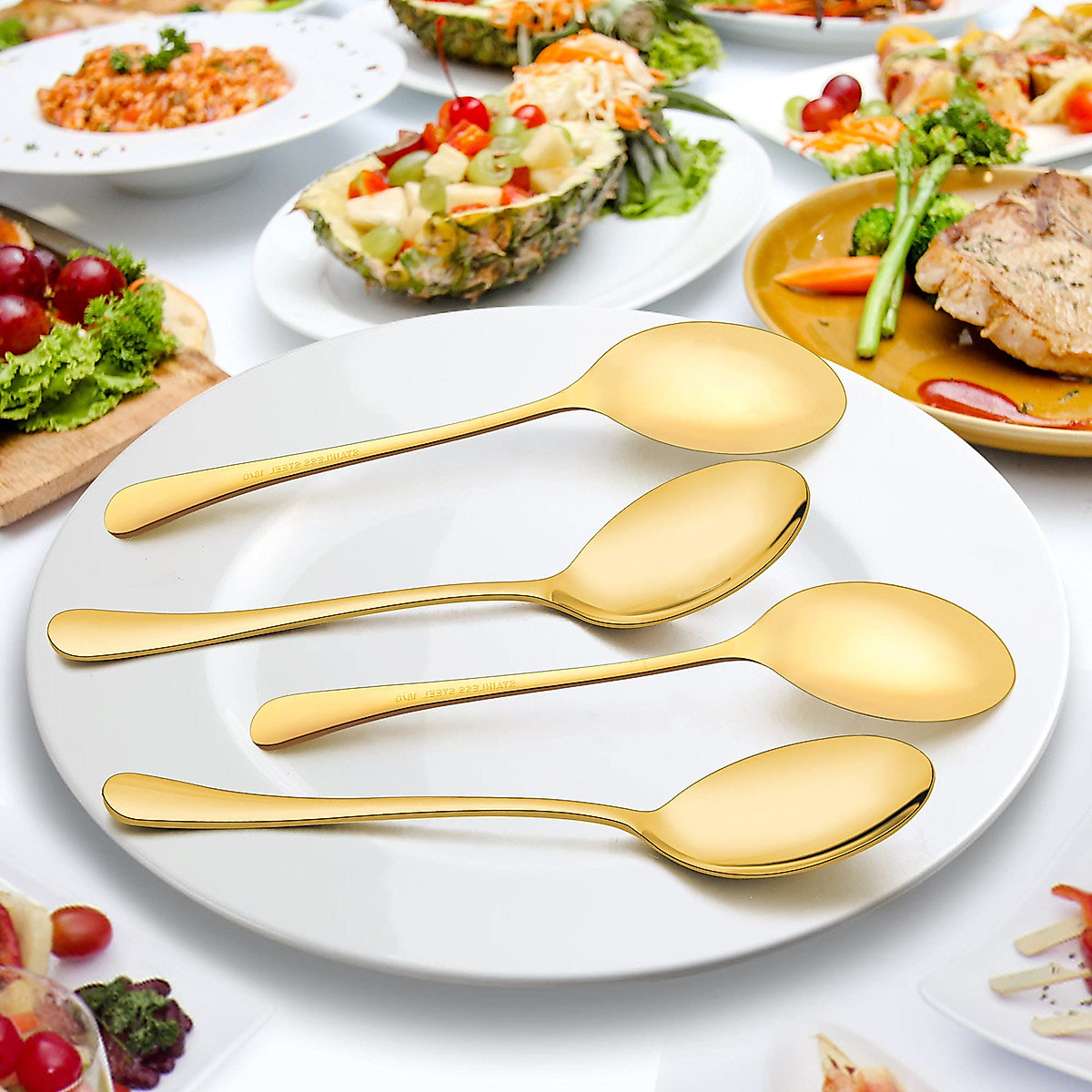 LIANYU Gold Serving Spoons Set of 6, 9.8 Inch Stainless Steel Large Dinner Buffet Catering Banquet Serving Spoons, Mirror Finish, Dishwasher Safe