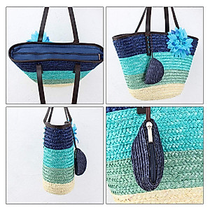 QTKJ Fashion Women Girls Hand-Woven Summer Beach Big Tote Straw Bag Handbag Big Flower Shoulder Bag with Cute Purse (Blue)