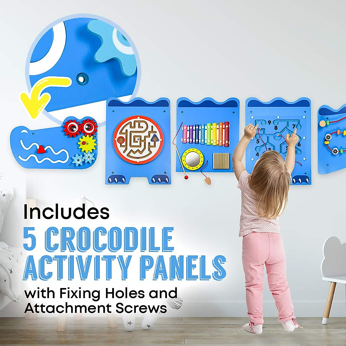 LITTLE CHUBBY ONE Crocodile Activity Wall Busy Board Panels - Fun and Educational Toy for Kids - Easy to Install Wall Mounted Interactive Board Games and Mazes for Kids Encourages Development