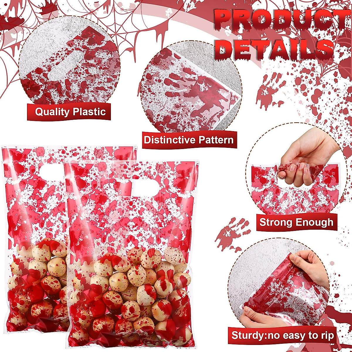 Pajean 100 Pcs Halloween Goody Bags,Scary Halloween Candy Bags Bloody Cellophane Bag Halloween Treat Bags Handprint Gift Bags for Horror Zombie Splatter Trick or Treat Party Favors,9.8x6.7 Inch