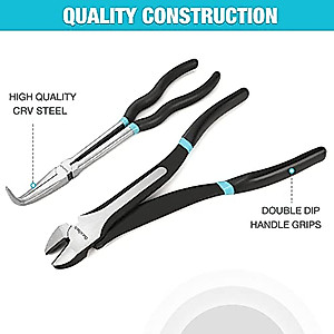 DURATECH 4 PCS Extra Long Needle Nose Pliers Set, Premium CRV Steel, 11" Long Reach Straight Pliers, 90° Bent Nose Pliers, 45°Bent Nose Pliers, Diagonal Pliers for Hard-to-Reach Narrow Spaces