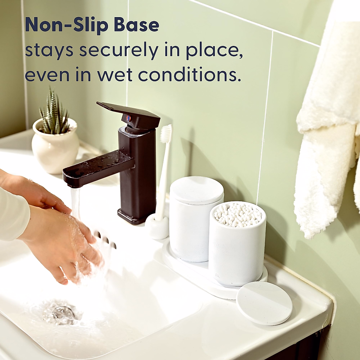 Maisonovo Stone Bathroom Toothbrush Holder Set – Qtip Holder, Cotton Ball & Cotton Rounds Holder, Countertop Toothbrush & Toothpaste Cup W/Stand & Tray, Qtip Container, Cotton Swab Organizer - White