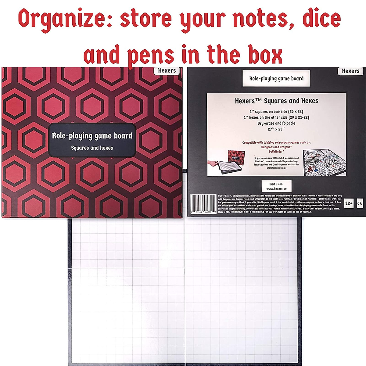 The Authentic Role-Playing Game Board by Hexers, Mat Alternative, Compatible with Dungeons and Dragons D&D DND Pathfinder RPG, 27x23 inches, 1 inch Square and Hexes Battle Grid, Foldable & Dry Erase