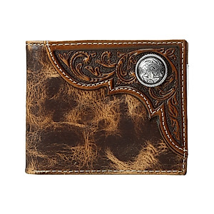 Ariat Men's Leather Distressed Corner Over Circle Bi-fold Wallet, Compact, tan, One Size