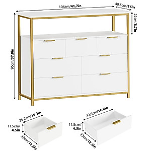 FACBOTALL Modern 7 Drawer Dresser, White Dresser with Metal Handles, White and Gold Dresser, Tall Dresser Chest of Drawers, Large Capacity Chest Storage Organizer for Living Room, Entryway, White.