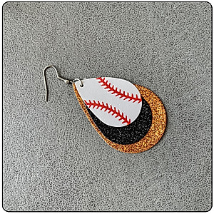 Fusamk Baseball Faux Leather Earrings Lightweight Teardrop Earrings Sequin Dangle Earrings(Black Orange)