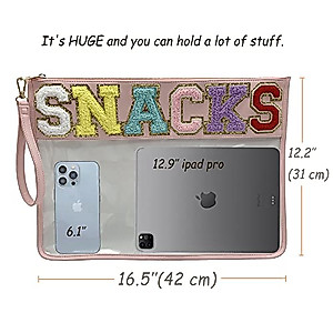 TopTTanBo Chenille Letter Clear Bag Purse Multi-purpose Transparent Waterproof Snacks Makeup Tote Bag with Wrist Strap (SNACKS)