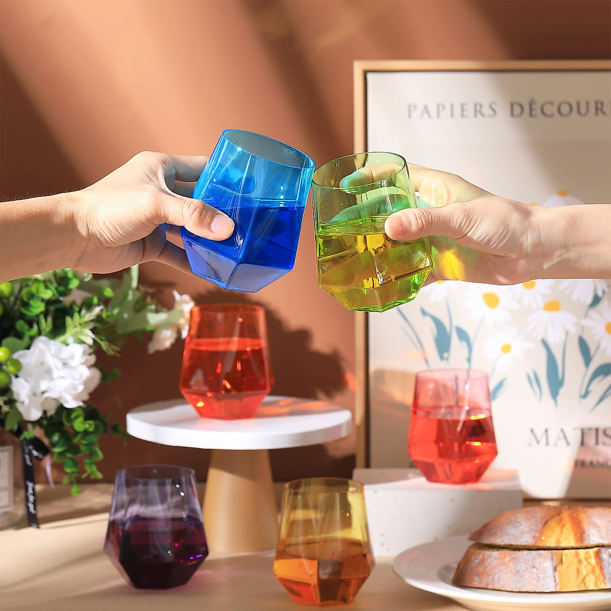 Gerrii 12 Pcs Diamond Stemless Glasses Unbreakable Plastic Wine Glasses 12 oz Reusable Whiskey Glass Stemless Drinking Glasses for Wine Cocktail and Home Dining Wedding Party Kitchen, 6 Colors