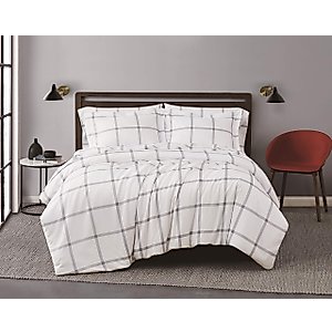 Truly Soft Everyday King 3-Piece Microfiber Duvet Cover + Sham Set - Printed Windowpane Collection - White/Grey