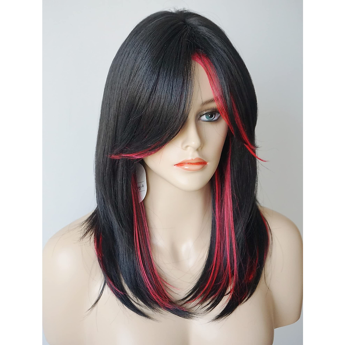 Medium Length Layered Wigs Black with Red Highlights wigs Layered wig with bangs Synthetic wig Highlight for white Women (Black with red)