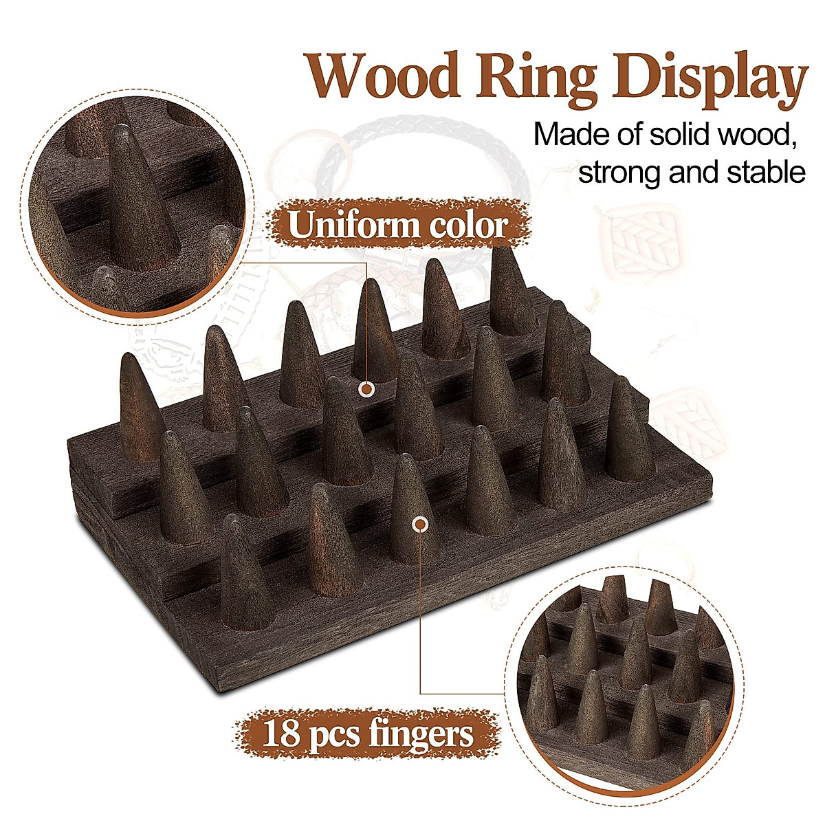 Juexica 18 Fingers Wood Ring Display Wooden Finger Ring Stand for Selling Jewelry Display Holder Showcase for Storage(Black Gray)