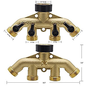Brass Hose Splitter 4 Way, 3/4" Garden Hose Faucet Manifold, Hose Spigot Adapter 4 Valves with 5 Extra Rubber Washers