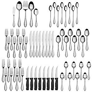 Pfaltzgraff American Bead 61-Piece Stainless Steel Flatware Set with Serving Utensil Set, Steak Knives and Iced Tea Spoons, Service for 8