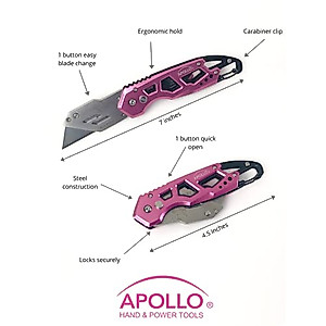 Apollo Tools Foldable Utility Knife with Lightweight Steel Construction, Carabiner Clip, Quick Blade Change Technology, Lock Feature. Accommodates Standard Blades - Pink Ribbon - Pink - DT5017P