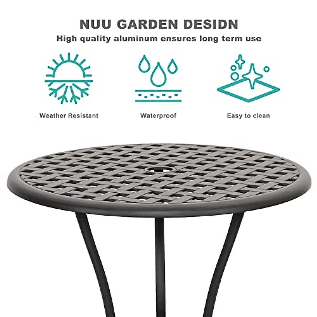Nuu Garden 3 Piece Patio Bistro Table Set, Cast Aluminum Outdoor Patio Bistro Set Weather Resistant Chairs and Table with Umbrella Hole for Yard, Balcony, Black with Golden Powder