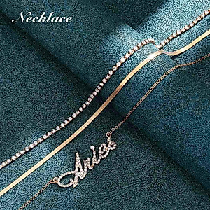JONKY Layered Rhinestone Pendant Necklace Gold Crystal Aries Necklaces Chain Sparkly Letter Snake Chain Choker Necklace Fashion Constellation Jewelry for Women and Girls