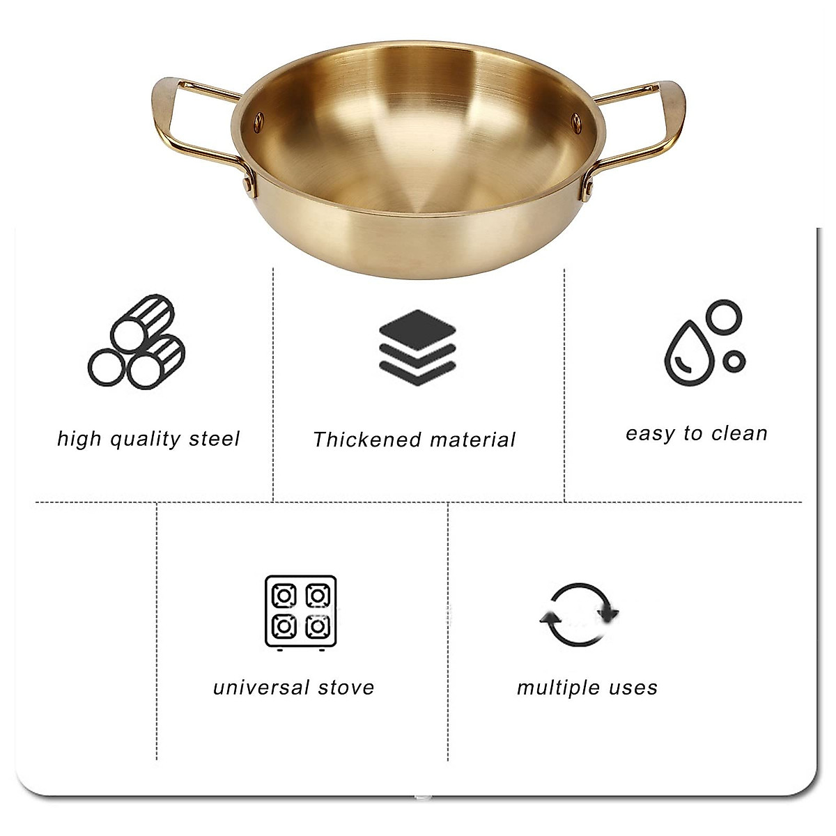 Ramen Pot, Stainless Steel Gold Noodles Pot with Double Handle for Pasta Soup, Korean Cooking Pot for Home Kitchen (Inner diameter 18cm)