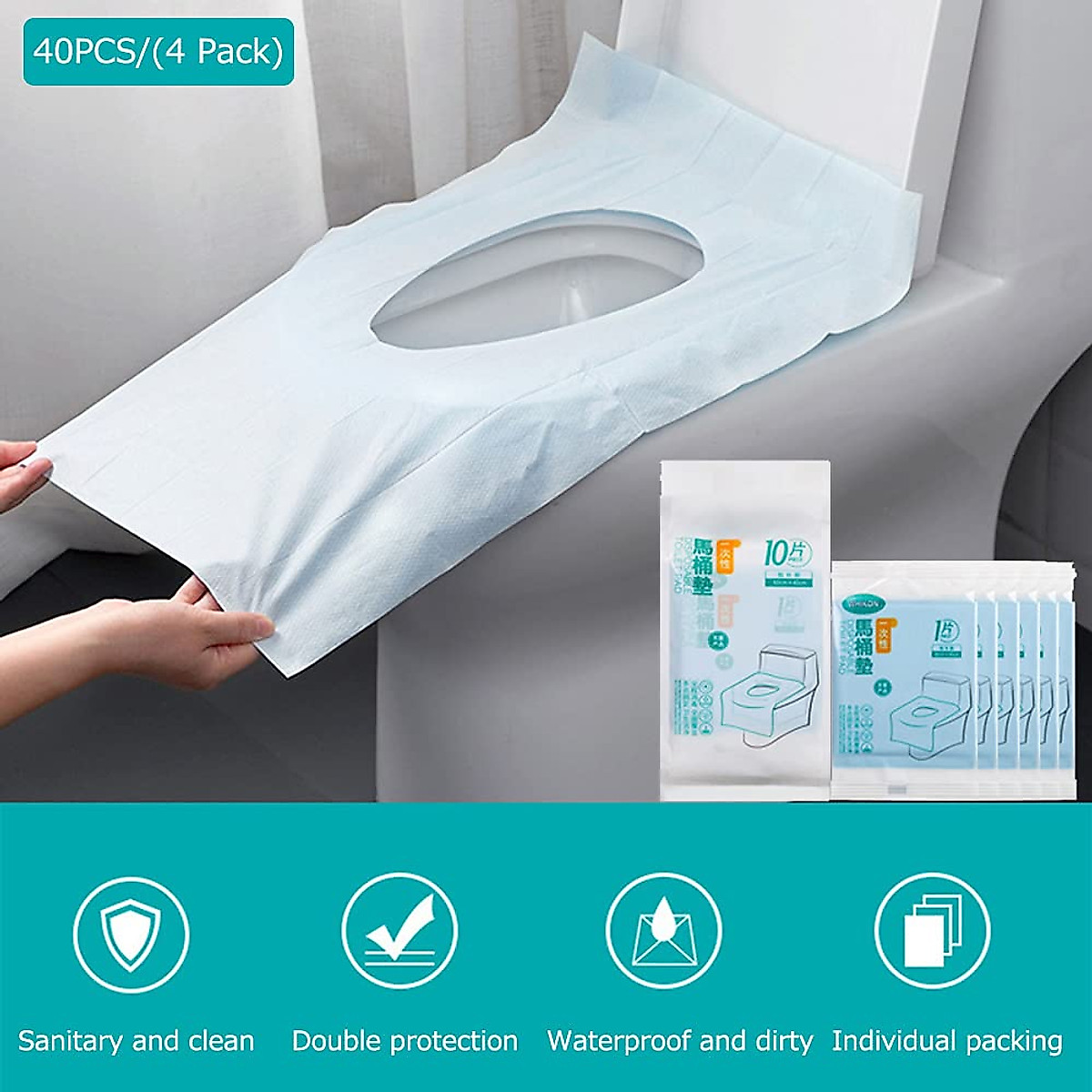 Disposable Toilet Seat Covers-40 Individually Packed, Waterproof, Ideal for Adult and Child -Travel Essentials for Airplanes, Travel, Camping and Public restrooms