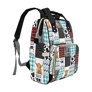 XOZOTY Highland Cow Patchwork Diaper Bags with Name Waterproof Mummy Backpack Nappy Nursing Baby Bags Gifts Tote Bag for Women