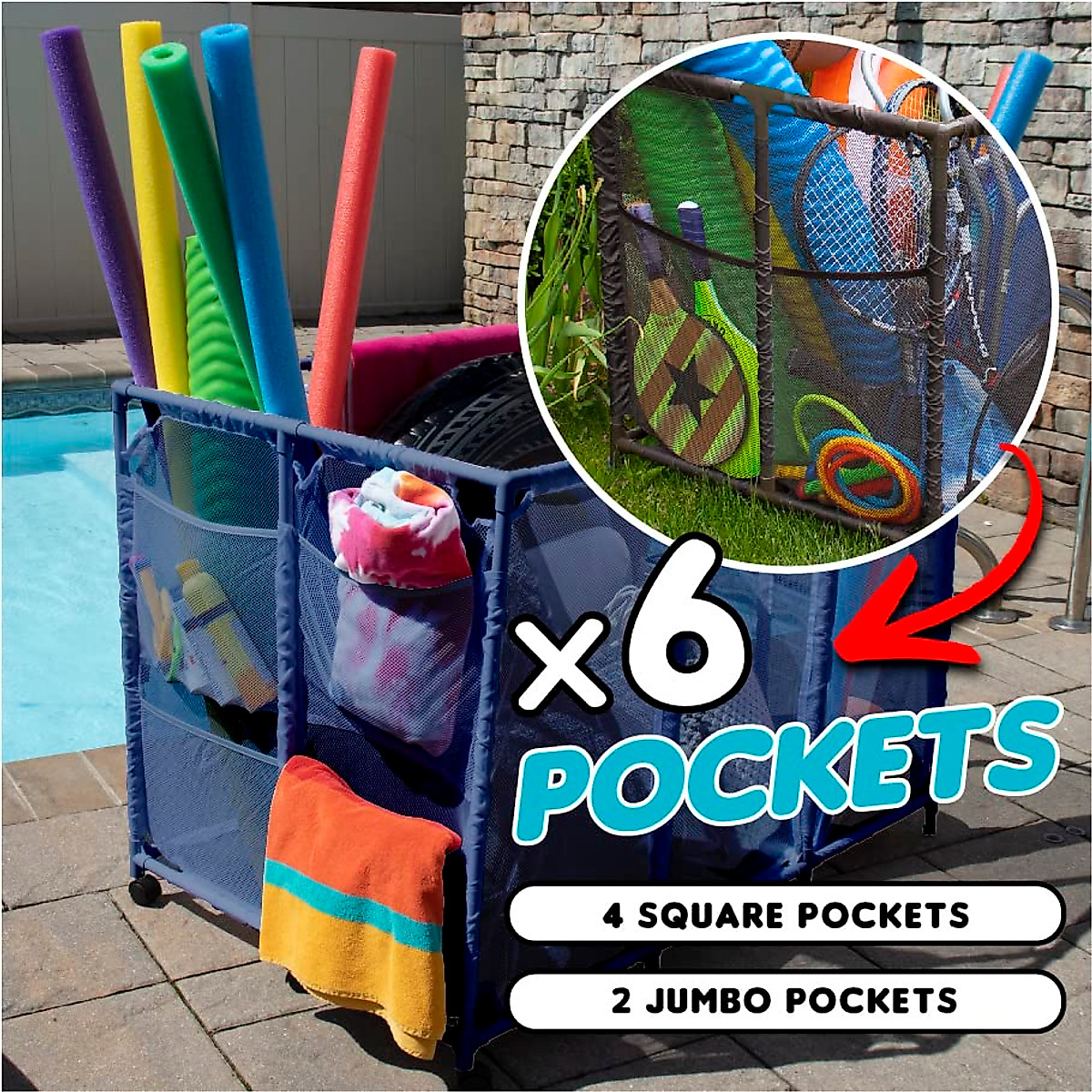 Essentially Yours Pool Noodles Holder, Toys, Floats, Balls and Floats Equipment Mesh Rolling Storage Organizer Bin, Extra-Large, (47.2" W x 30.2" L x 34" H), Blue Style 455119