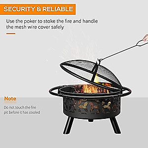 Outsunny 31" Outdoor Fire Pit, Portable Steel Wood Burning Bowl, Handle Ring, Poker, Spark Screen Lid for Patio, Backyard, Bonfire, Campfire, Black