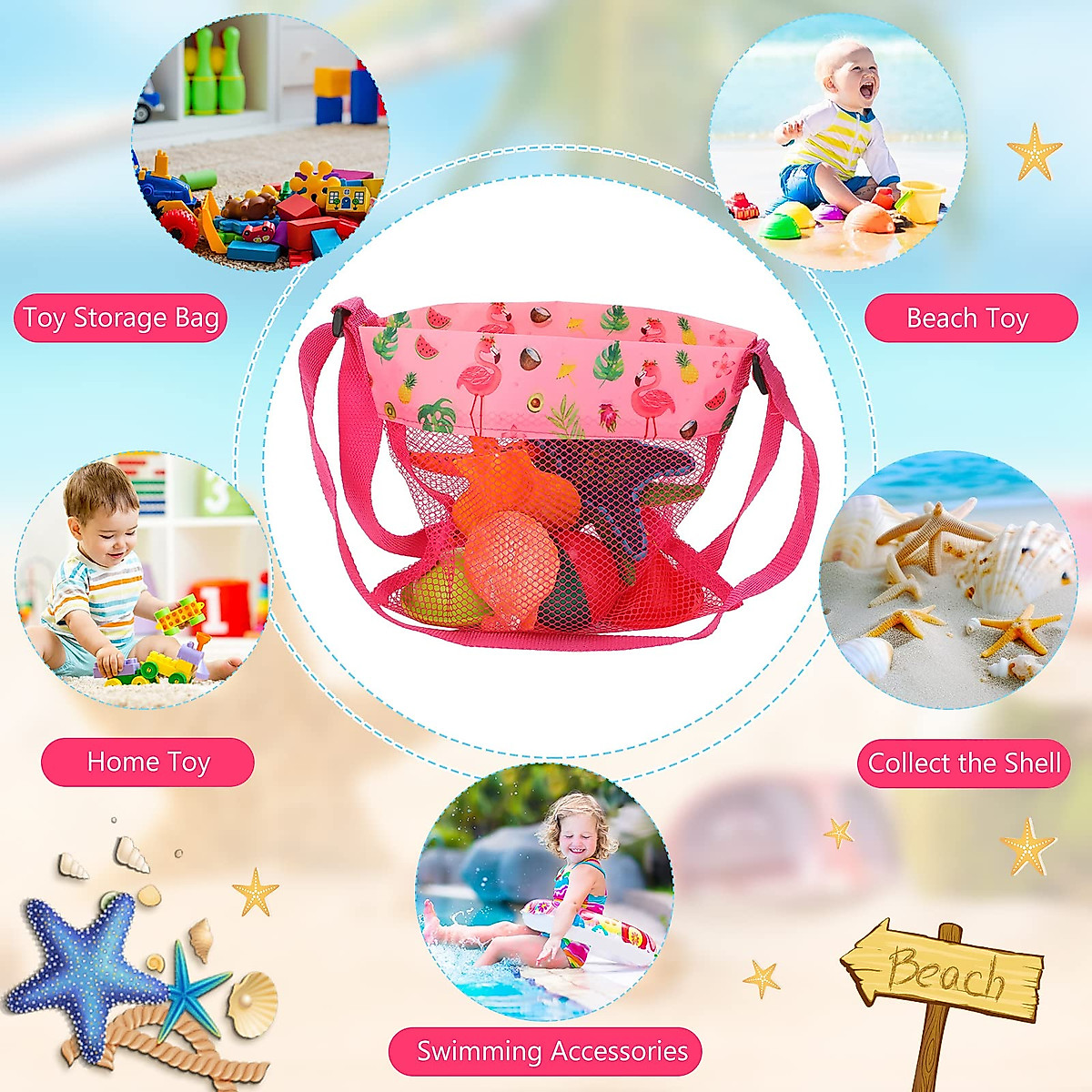 Saintrygo 30 Set Mesh Beach Bag Bulk Colorful Seashell Collecting Shell Bag Adjustable Carrying Strap for Kids (Cute Style)