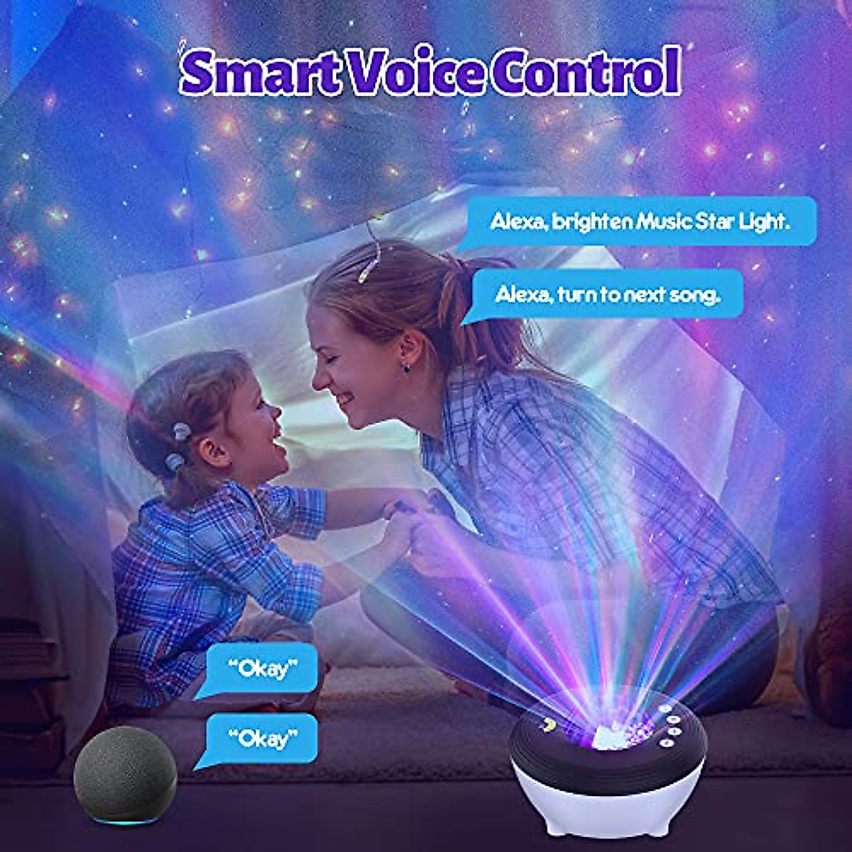 MIC MICSOA Starry Projector Night Light, Star Galaxy Music Projector for Bedroom Ceiling, Aurora Projector for Kids and Adults