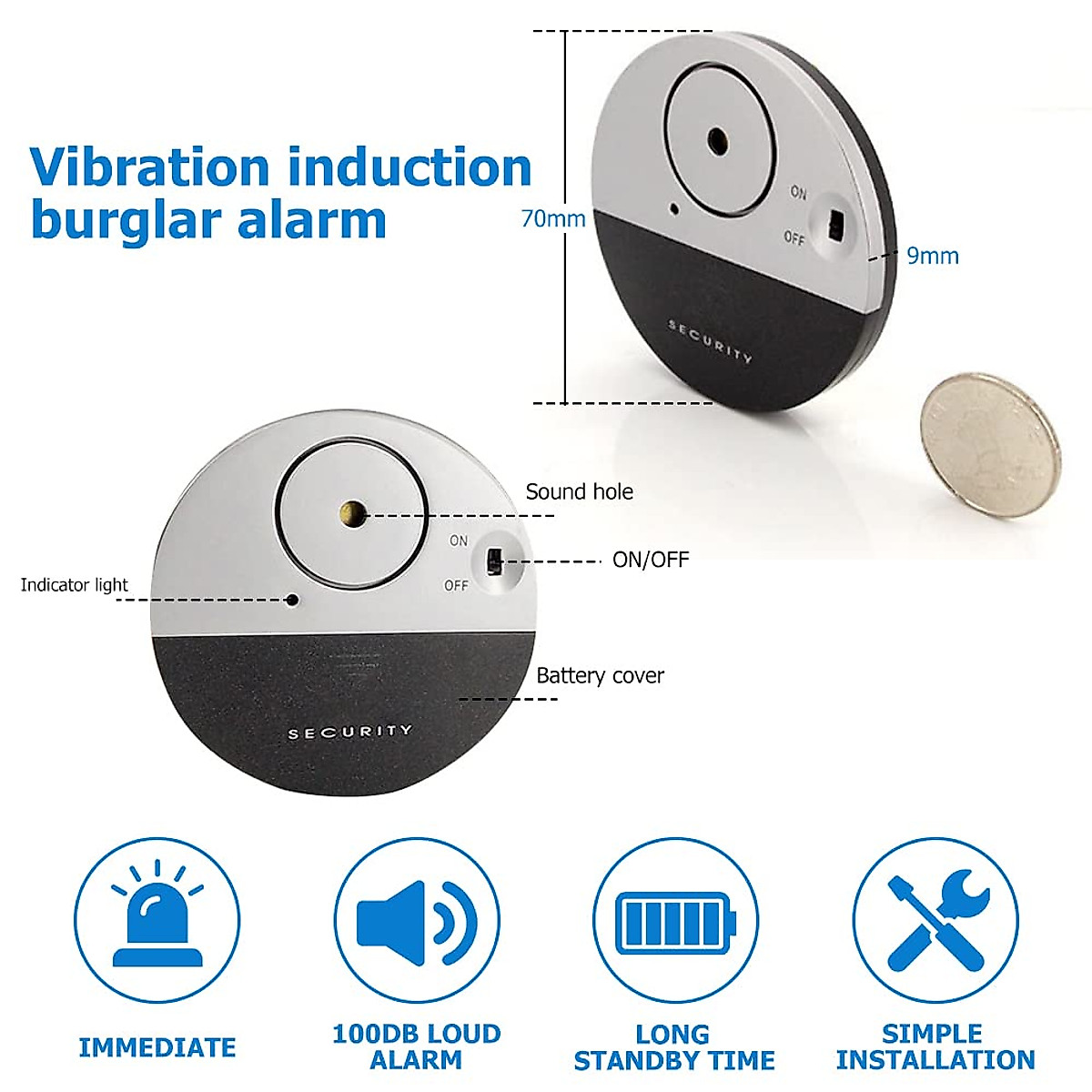 2 Pack Home Security Anti-Theft Window & Door Alarm, Ultra-Slim Loud Alarm Vibration Sensor Detector for Warning Burglars Intruder, Good for Home, Office, RV, Dorm Room (2)