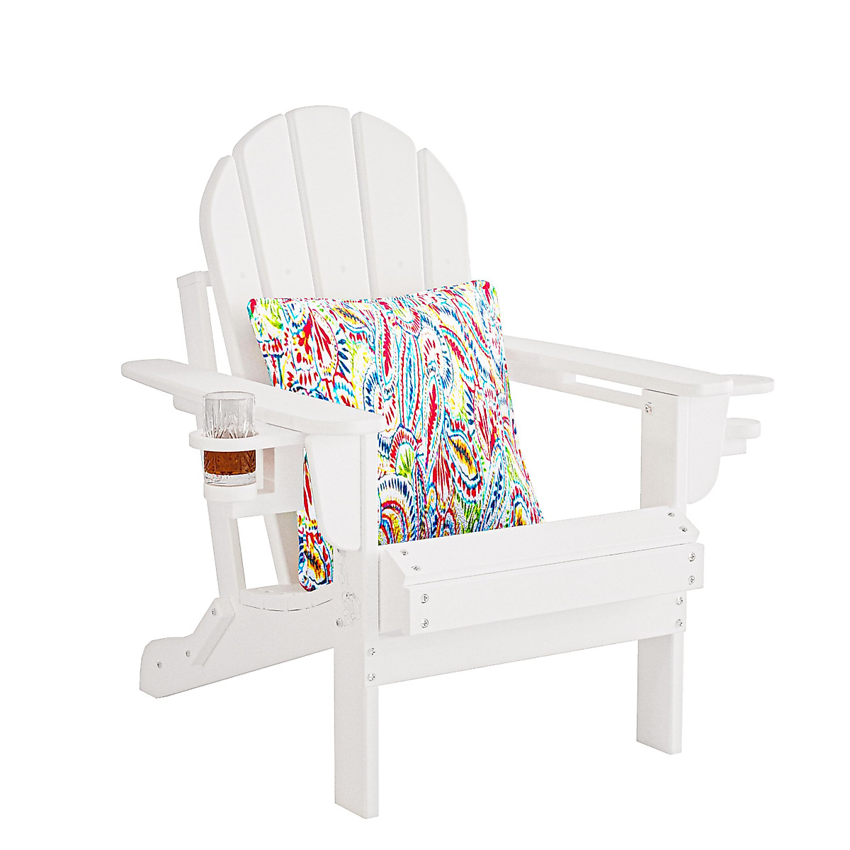 Sundale Outdoor Folding All Weather Plastic Adirondack Chair with 2 Concealable Cup Holder and 1 Stylish Cushion/Pillow, Perfect for Outside Patio Garden Pool Yard Pure White