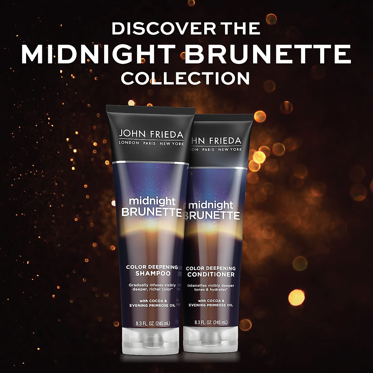 John Frieda Midnight Brunette Visibly Deeper Shampoo and Conditioner Set with Evening Primrose Oil and Cocoa for Color-Treated Hair (8.3 oz, Pack of 2)
