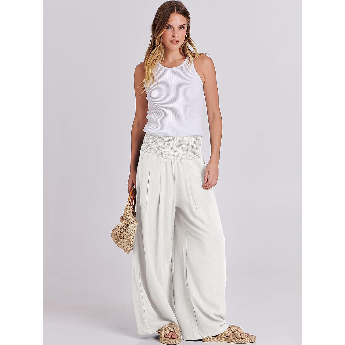 ANRABESS Women Linen Palazzo Pants Summer Boho Wide Leg High Waist Casual Lounge Pant 2025 Beach Travel Vacation Outfits White X-Large