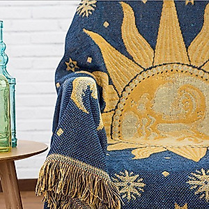 UNIGARDEN Moon and Sun Throw Blanket Multi-Function Double Sided Cotton Woven Couch Throws Tassels Blue Yellow 51"X71"
