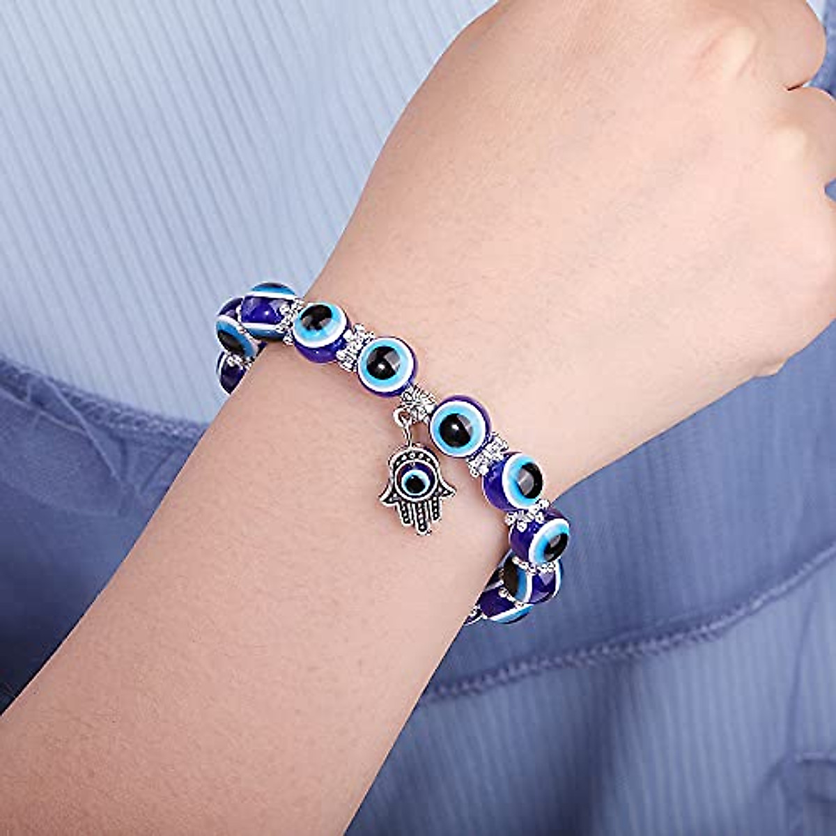 CJIAYUJEW 3pcs Evil Eye Bracelet Chakra Crystal Bracelets Set,Evil Eye Hamsa Blue Beaded Charm Stretch Bracelet for Protection and Blessing (Blue, Zinc Alloy)