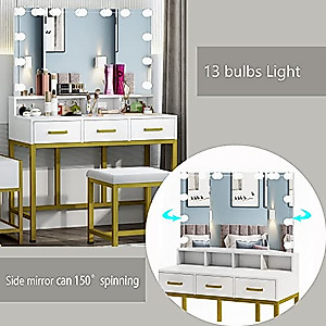 PAKASEPT Vanity Set with Lighted Mirror, Makeup Vanity with Rotating Mirror and 13PCS LED Bulbs, Cushioned Stool & 3 Drawers, Vanity Desk for Women Girls, White Vanity
