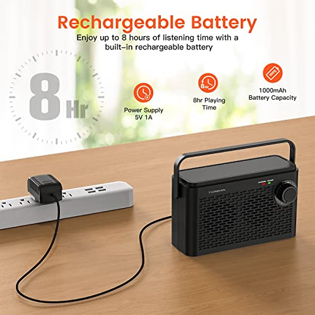 Tosima TV-8000 Wireless Speaker for TV, Easy Control Portable TV Soundbox for Hard of Hearing, Elderly Parent,Rechargable 8 Hours Battery, AUX3.5mm, 2.4G RF Transimitter 100Ft Range