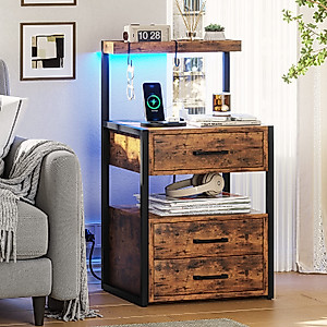 AOGLLATI Nightstand Set of 2 with Charging Station and LED Lights, Bedside Table with 3 Drawers and Open Storage Shelves, 2 USB Ports and 2 AC Outlets, LED Night Stand for Bedroom, Rustic Brown